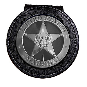 Round US Marshal Belt Clip Badge Holder Chain (2-1/4 inch recessed Cutout, Cutout PF281) Black Leather