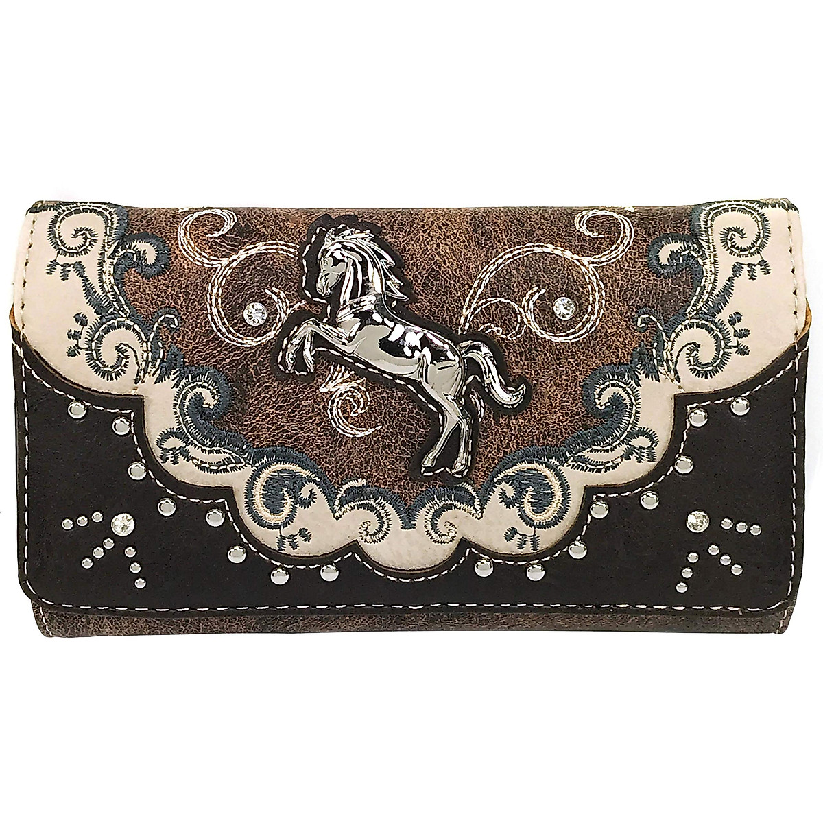 Zelris Western Mustang Horse Turquoise Women Crossbody Wrist Trifold Wallet (Brown)