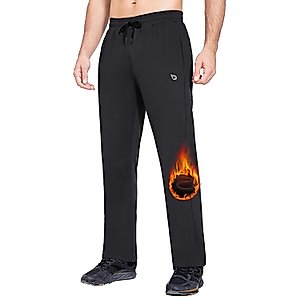 BALEAF Men's Fleece Lined Sweatpants Winter Athletic Workout Cold Weather Thermal Warm Open Bottom Pants with Zipper Pockets Black S