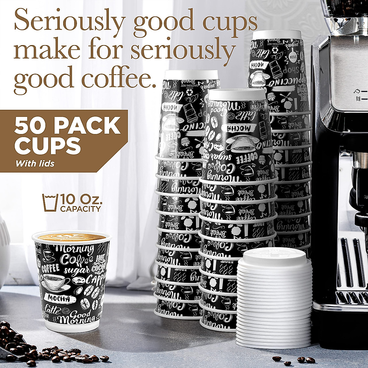 Shop Square 10 Oz Disposable Hot Coffee Cups With Lids - (50 Pack), Heavy Duty Insulated Hot Beverage Paper To Go Coffee Cups For Tea, Hot Chocolate and More- No Sleeve Needed