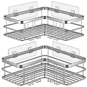 Yazoni Corner Shower Caddy, Adhesive Shower Shelves No Drilling [2-Pack], Rustproof Stainless Steel Bathroom Shower Organizer with 8 Hooks, Shower Shelf for Inside Shower (Silver)