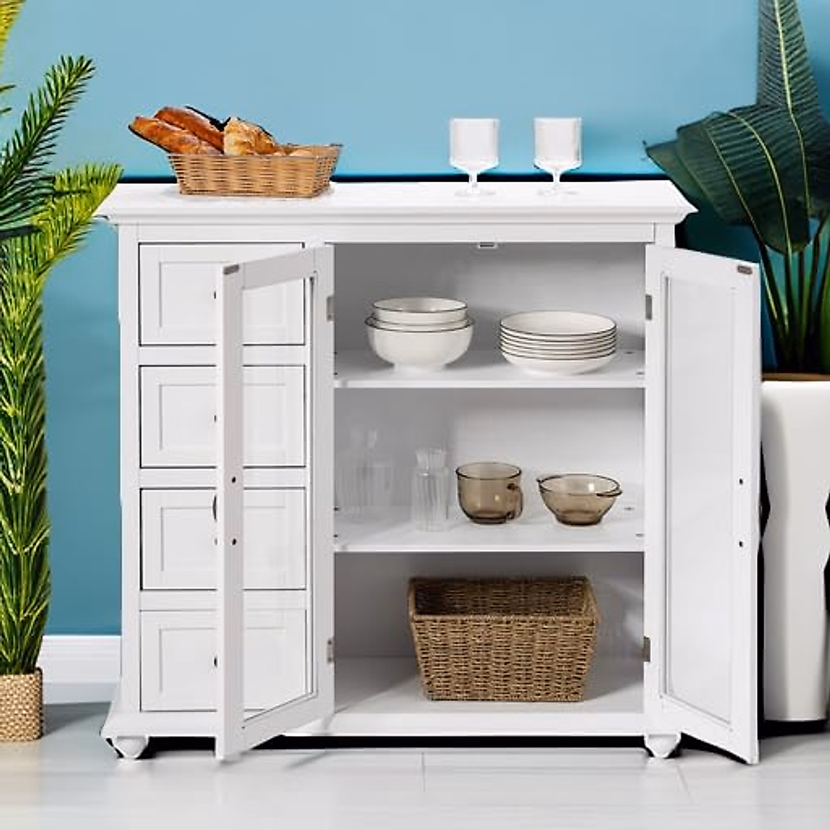 Giantex Buffet Sideboard, Wood Storage Cabinet, Console Table with 4 Drawers, 2-Door Credenza, Living Room Dining Room Furniture, Buffet Server, Kitchen Pantry Cupboard (White)