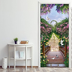 Izielad 3D Garden Flowers Self-Adhesive Door Wallpaper Murals Wall Stickers Peel and Stick Door Poster for Home Decoration Vinyl Removable Art Decal 30.3" x78.7