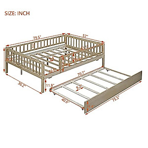 Sedgeria Full Size Montessori Bed for Toddlers Wooden Toddler Daybed with Fence and Trundle, Low Bed Frame with Rails for Kids Boys Girls, Natural