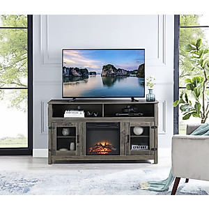 Modern 65" Fireplace TV Stand Farmhouse TV Stand with 23''Electric Fireplace,Storage Cabinet and Adjustable Shelves for Living Room,Bedroom(Grey)