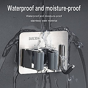 Adhiper Stainless steel heavy-duty wall-mounted broom and mop rack with hooks, mop rack and broom rack storage rack, suitable for bathroom, kitchen, room, hotel (4 pcs/silver)