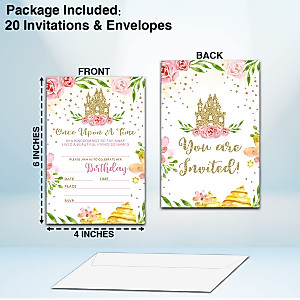 NYCTUG Floral Castle Theme Birthday Invitation(4" X 6"), Fairy Tale Little Princess Party Double-Sided Invites- 20 Invitations With Envelopes-Personalized Party Supplies-A25