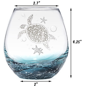 Sea Turtle Stemless Wine Glass, 19 Oz Ideal Unique Ocean Coastal Beach Gifts for Sea Turtle Lovers, Birthday Mother's Day Gifts for Party Women Man Mom Friends Co-worker (Crackle Teal)