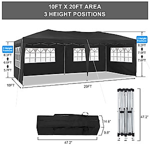 TUKAILAI 10' x 20' Pop Up Gazebo Marquee, Anti-UV Party Wedding Tent Event Shelters with 6 Removable Sidewalls & Carry Bag, Heavy Duty Instant Canopy for Outdoor Camping Garden Patio (Black)
