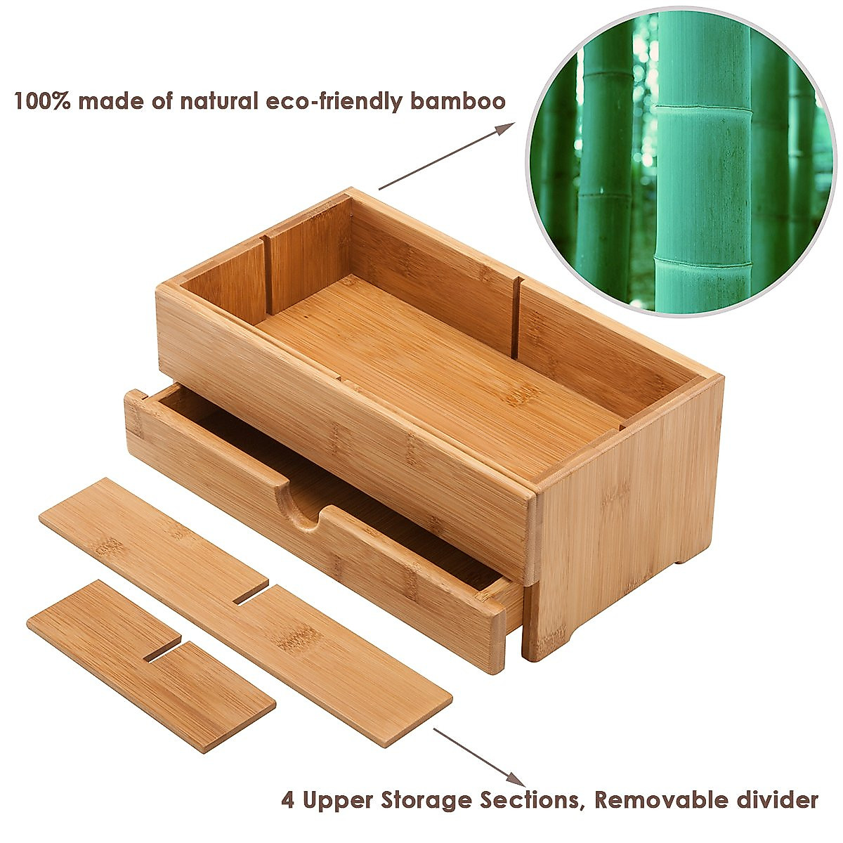 GOBAM Bamboo Makeup Organizers and Storage with Drawer - Wooden Cosmetic Organizer Countertop for Bathroom, Bedroom, Closet, Kitchen, Vanity & Dresser - Make up Vanity Station