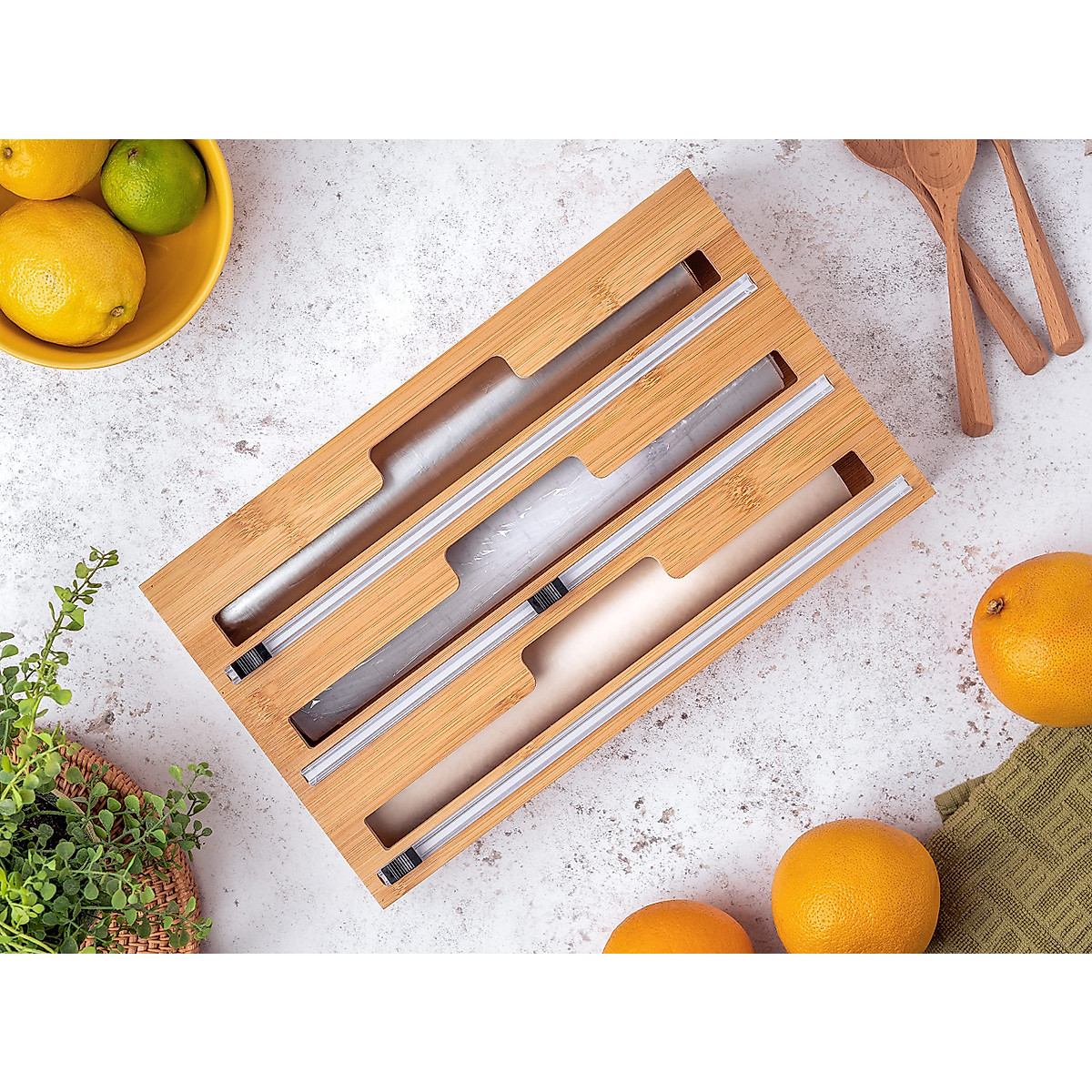 Kind Den 3-in-1 Bamboo Wrap Storage Holder & Dispenser | Plastic Wrap Dispenser With Cutter | Organizer For Cling Film, Aluminum Foil & Wax Paper | Great For Kitchen Drawer Storage And Organization