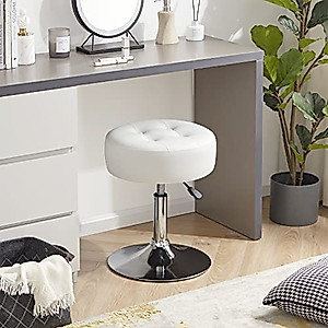 Gitrah White Vanity Chair for Makeup Room Round Ottoman Tufted PU Leather Makeup Chair Vanity Stools for Bathroom Height Adjustable 360 Swivel