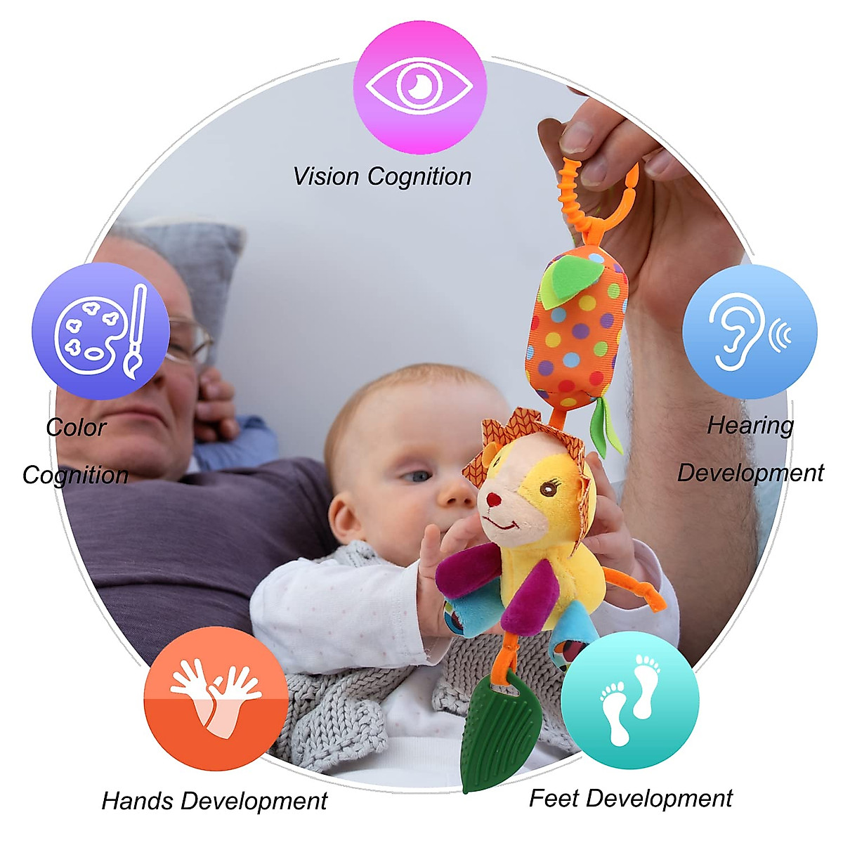 BLOOBLOOMAX Baby Soft Hanging Rattle, Car Seat Stroller Toys with Plush Animal C-Clip Ring for Infant Babies Boys and Girls 3 6 9 to 12 Months (4pcs)