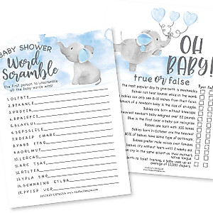 25 Elephant Word Scramble For Baby Shower, 25 True Or False Game, 25 Trivia Game, 25 Find The Guest, 25 Baby Animal Matching, 25 Nursery Rhyme Game - 6 Double Sided Cards Baby Shower Ideas