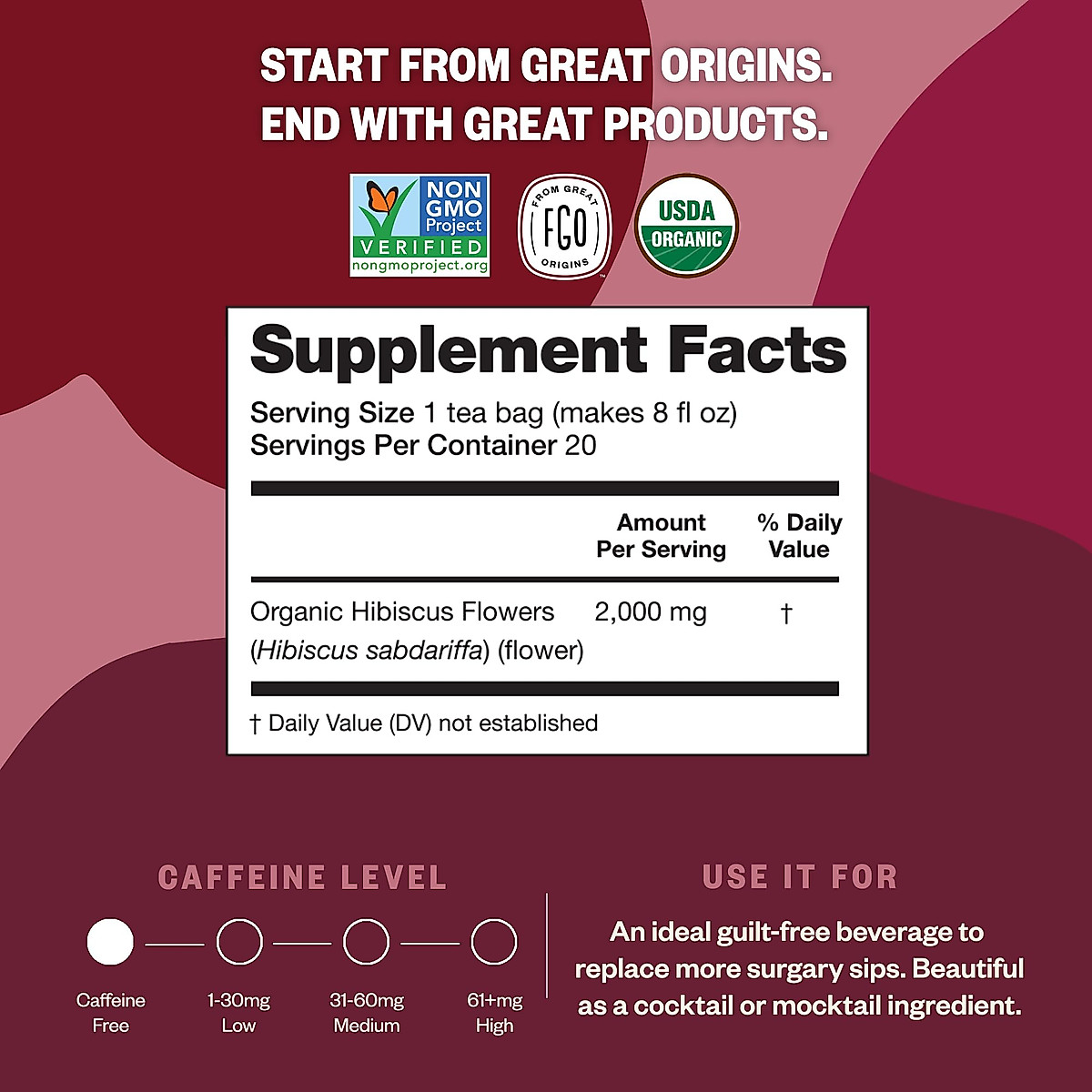 Organic Hibiscus Tea Bags | 100 Tea Bags | Eco-Conscious Tea Bags in Kraft Bag | Raw from Egypt | by FGO