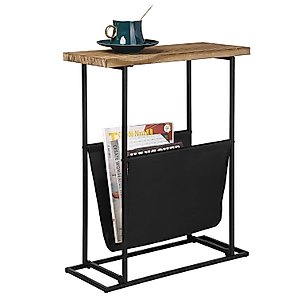 MyGift 21-Inch Modern Narrow Living Room End Table with Solid Burnt Wood Tabletop and Black Metal Frame, Bedroom Nightstand Side Table with Magazine Holder Sling