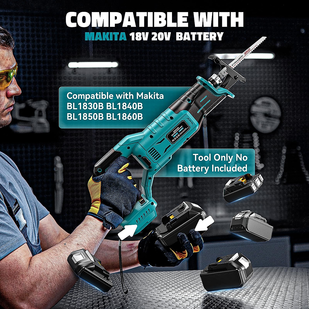 Cordless Reciprocating Saw for Makita 18V Battery,Cerycose Brushless Recipro Saw,Variable Speed 1" Stroke Length,3200 SPM,Toolless Blade Change, 4 Saw Blades for Metal/Wood/PVC Cutting Tool Only