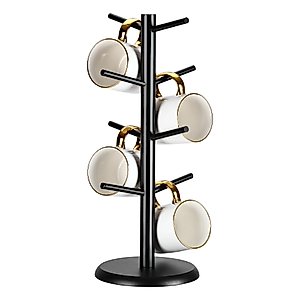 Lorbro Coffee Mug Tree with 8 Hooks, Mug Tree Stand, Bamboo Coffee Cup Holder, Countertop Mug Tree, Mug Stand Kitchen Organizer, Cafe Accessories Decor & Kitchen Organizer Storage Stand (Black)