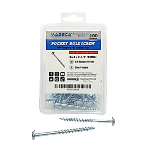 Massca Pocket-Hole Screw Self-Tapping Zinc Plated Screw – 1”, 1-1/4” Fine-Thread & 1”, 1-1/4”, 1-1/2”, 2”, 2-1/2” Coarse-Thread Washer Head Wood Screws. (2-1/2" Coarse)