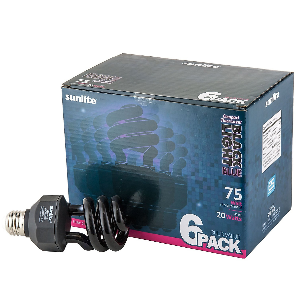 Sunlite 05646-SU CFL Black Light Bulb (BLB), Perfect for Halloween, Spiral Blacklight, 20 Watts, 120 Volts, Medium Base (E26), 463nm, UL Listed, 6 Count (Pack of 1)