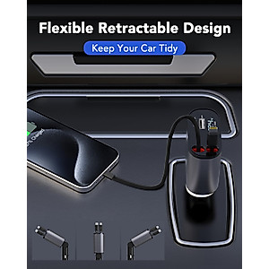 Retractable Car Charger, 4 in 1 Fast Car Phone Charger 66W, 2 Retractable Cables and USB Car Charger, USB C Car Charger for iPhone 15/14/13/12/11, Galaxy,Pixel