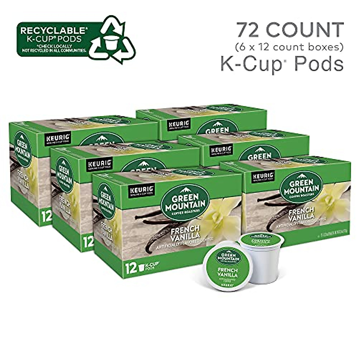 Green Mountain Coffee Roasters French Vanilla, Single-Serve Keurig K-Cup Pods, Flavored Light Roast Coffee, 72 Count