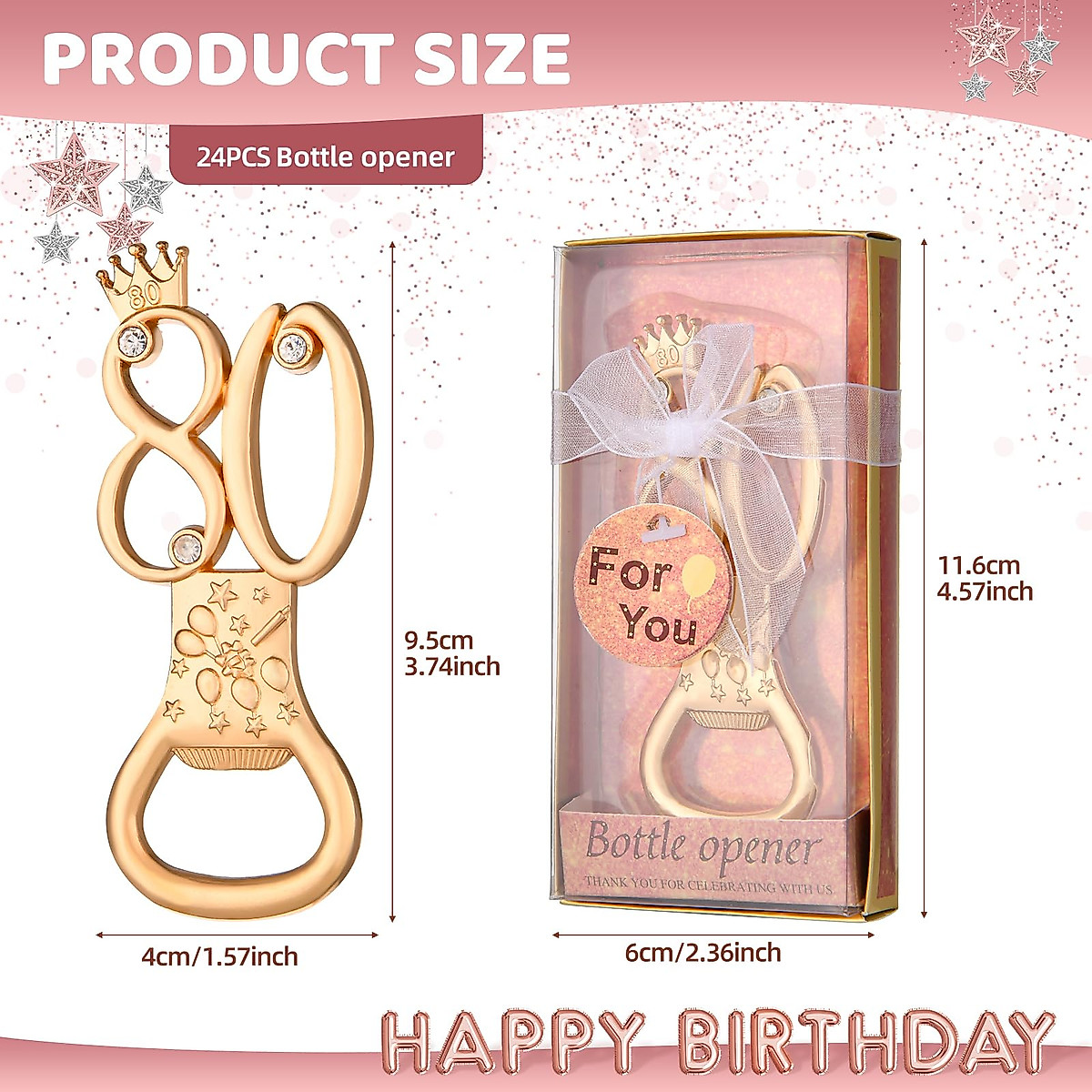 24 boxes of rose gold themed 80th birthday bottle openers favored for 80th anniversary wedding party gifts, 80th birthday party souvenirs or party decorations (80 shape)