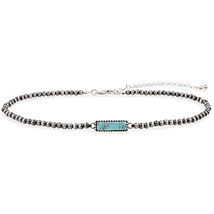 Turquoise Stone Silvertone Pendant Faux Navajo Pearl Choker Necklace 12 Inch (Rectangle Bar)