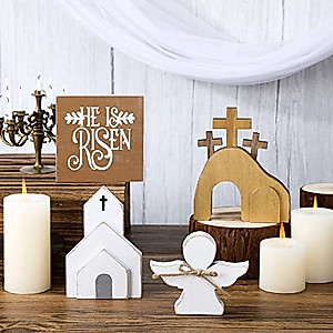 5 Pcs Jesus Tomb Easter Tray Bundle Kit with LED Fairy Lights, Wooden Easter Jesus Sign He Is Risen Resurrection Scene Nativity Christ Statue Farmhouse Easter Tiered Tray Decor for Home Church Table