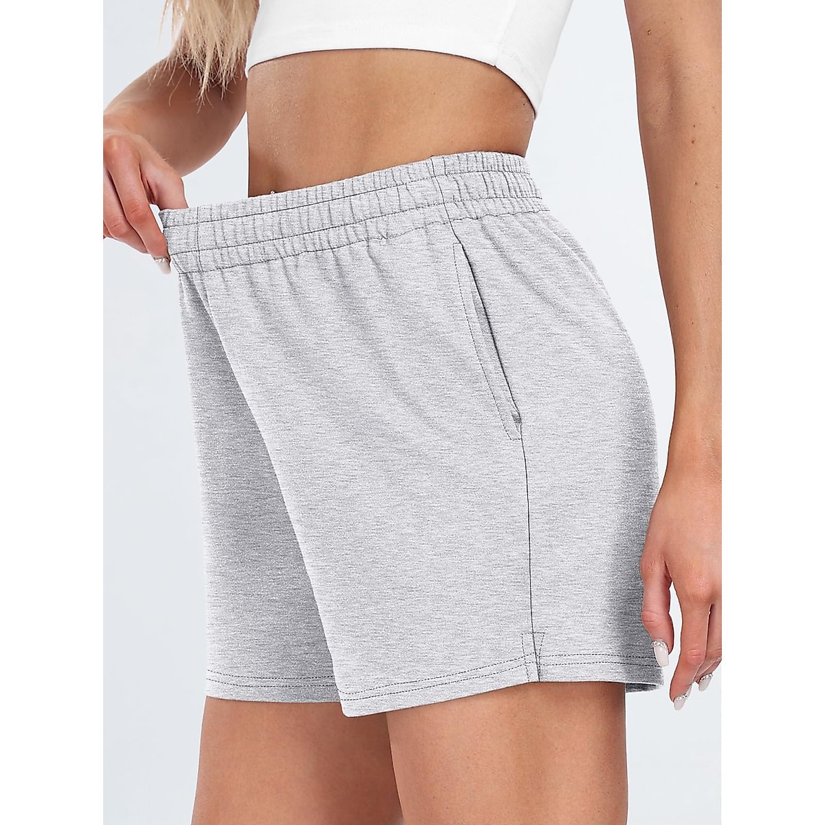 AUTOMET Womens Sweat Shorts Casual Summer Drawstring Comfy Elastic High Waist Running Clothes with Pockets Grey M
