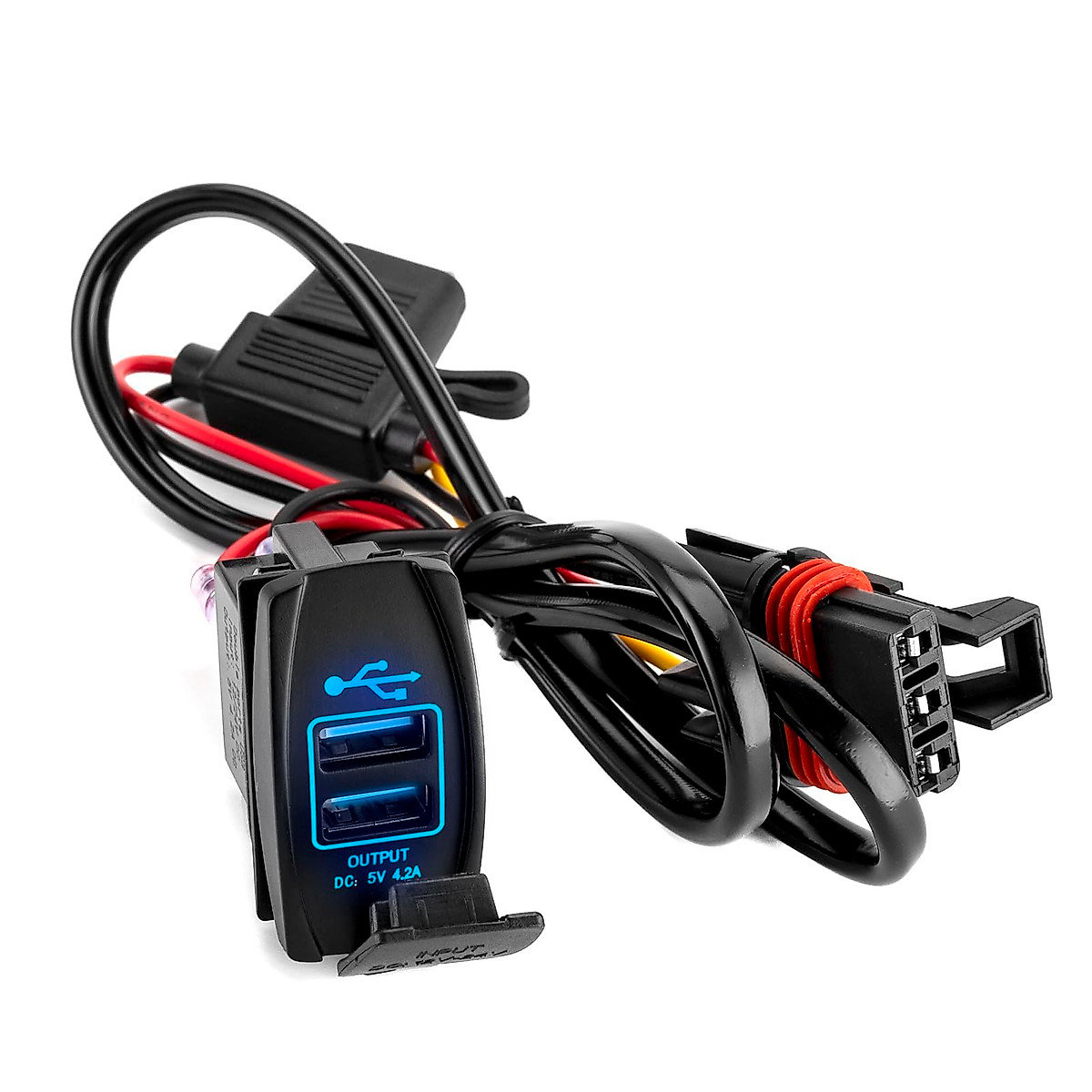 WeiSen Plug & Play Dual USB 4.2A Charger, Rocker Switch Style 18 AWG 12V/24V Fast Charge with Pulse Power Bar Plug Connector Compatible with Polaris RZR Ranger General Pulse Bus Bar