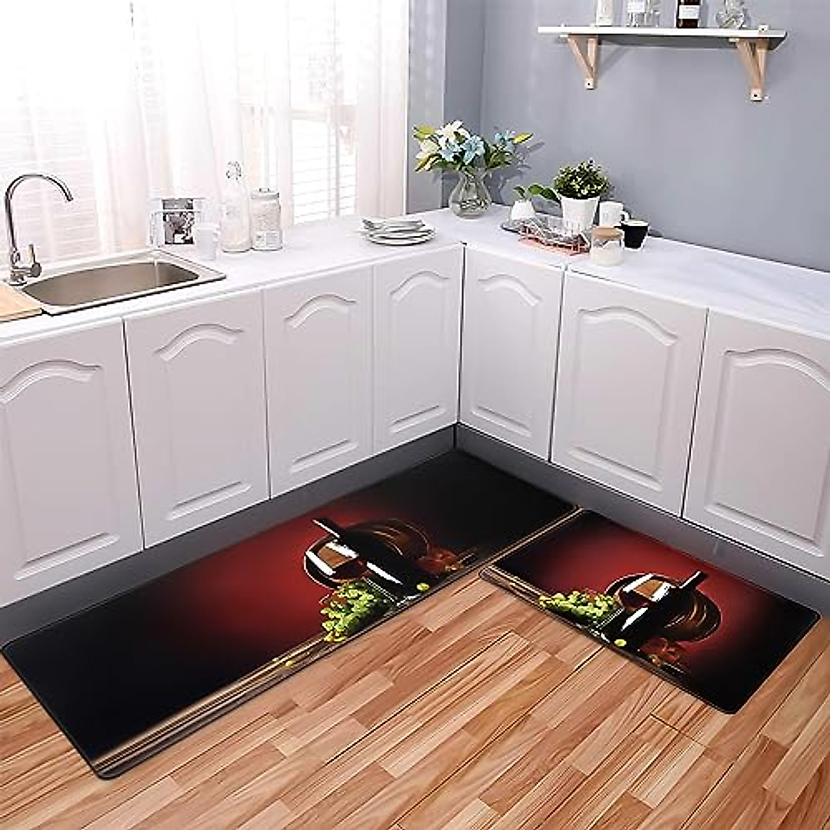 Alishomtll 2 PCS Kitchen Rugs and Mats, Farmhouse Kitchen Rugs Sets of 2, Red Wine Floor Mat, Cushioned Anti Fatigue Non Slip Washable Kitchen Mats for Floor (17.3"x30"+17.3"x47")