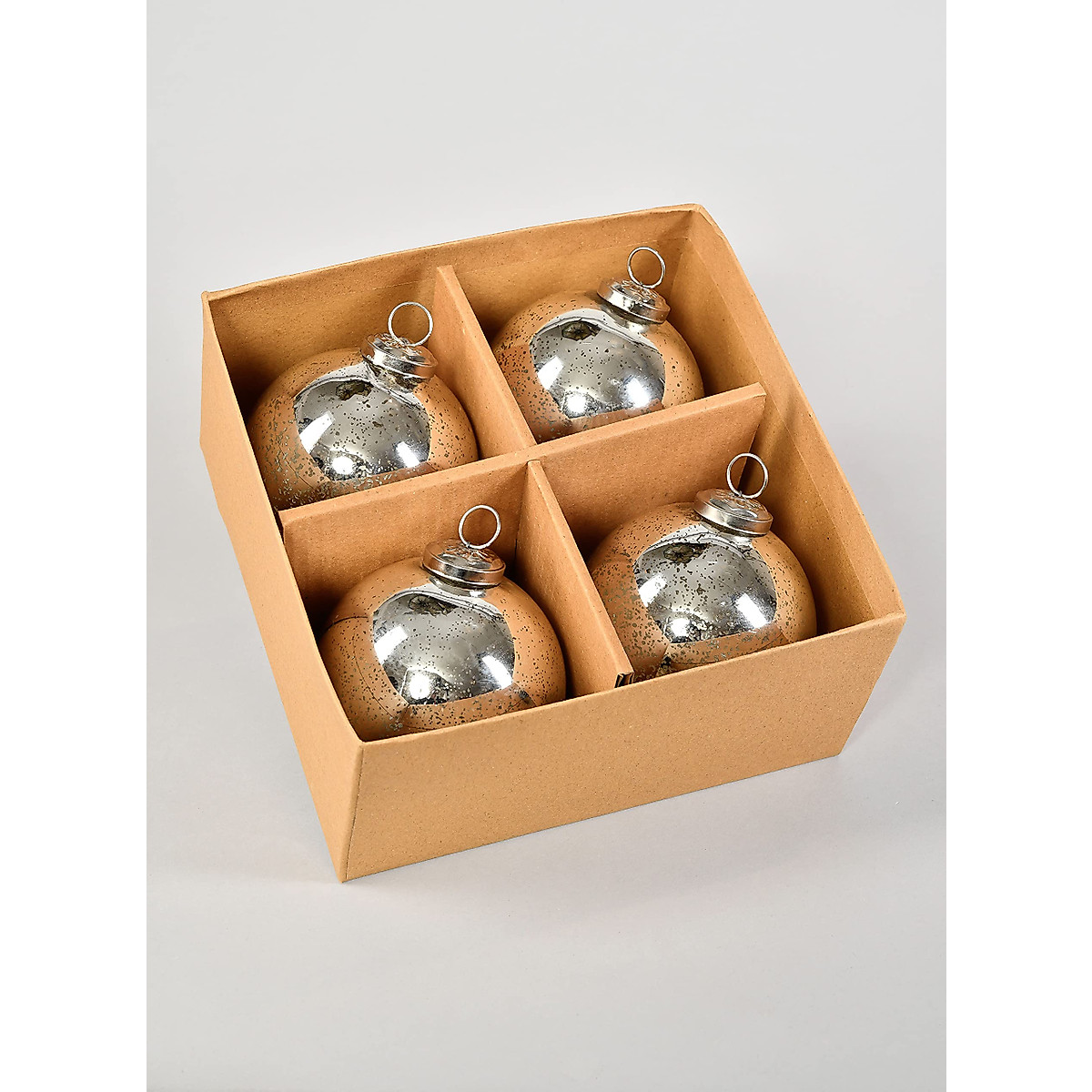 Serene Spaces Living Set of 4 Antique Silver Mercury Glass Balls, Ornaments for Holiday Décor, Measures 4" Diameter