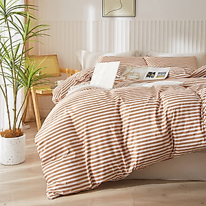 EAVD Duvet Cover Queen White and Khaki Striped Duvet Cover Soft Microfiber Modern Striped Gemetric Pattern Bedding Set with 2 Pillowcases Reversible Striped Comforter Cover with Zipper Closure