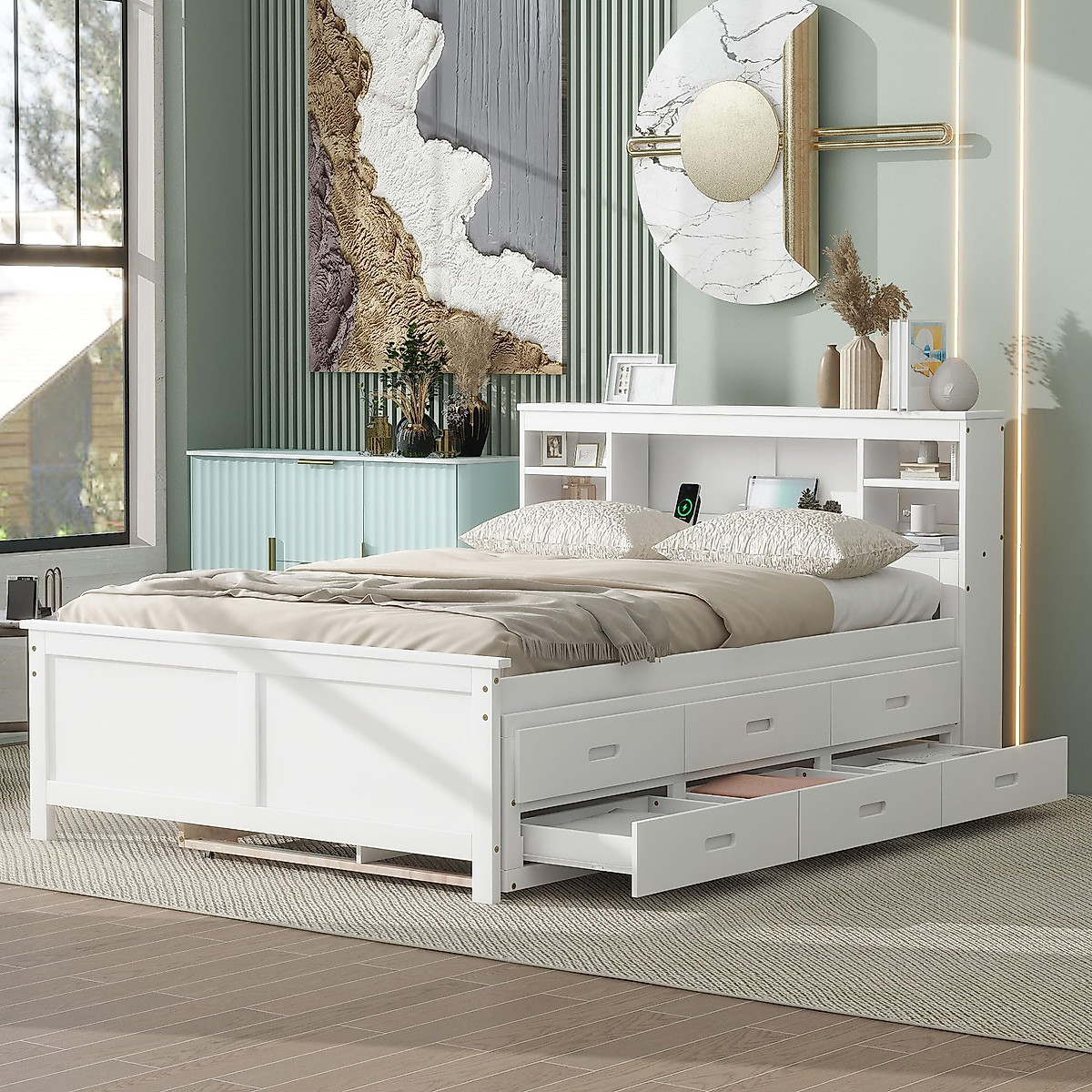 Harper & Bright Designs Full Size Bed with Bookcase Headboard, Wooden Full Platform Bed with Trundle and Drawers,Full Storage Bed with USB Ports Outlets for Kids Girls Boys,White