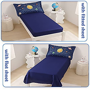 KINBEDY 4 Pieces Space Toddler Bedding Set for Boys Navy Blue Planet Star Bed Sheets Set Comforter Set for Baby Kids | Include Comforter, Flat Sheet, Fitted Sheet, Pillowcase
