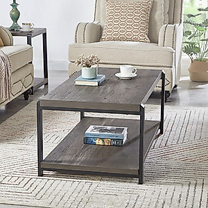 EXCEFUR Coffee Table with Storage Shelf,Rustic Wood and Metal Cocktail Table for Living Room,Grey