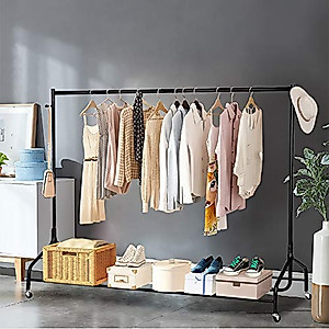 Rolling Clothes Rack, Heavy Duty Single Rolling Clothing Garment Rack Rod Garment Rack Organizer on Wheels with Top Rod Bag Hook