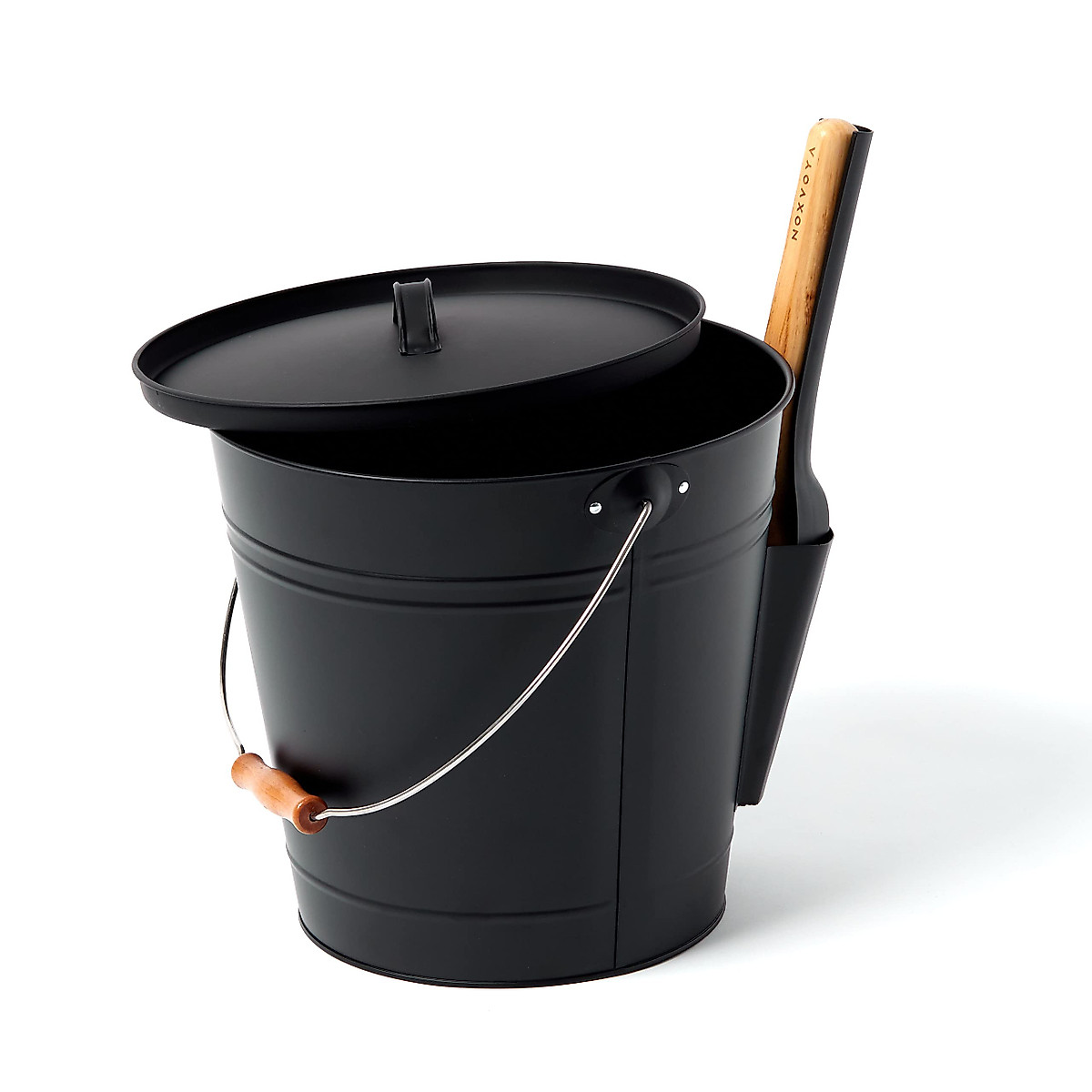 Noxvoya Metal Ash Bucket with Lid and Shovel, Brush, Black - Heavy-Duty, Modern Coal Bucket with Fireplace Scoop for Indoor Fireplaces, Outdoor Fire Pits, Grill - Premium, Compact Fireplace Tools