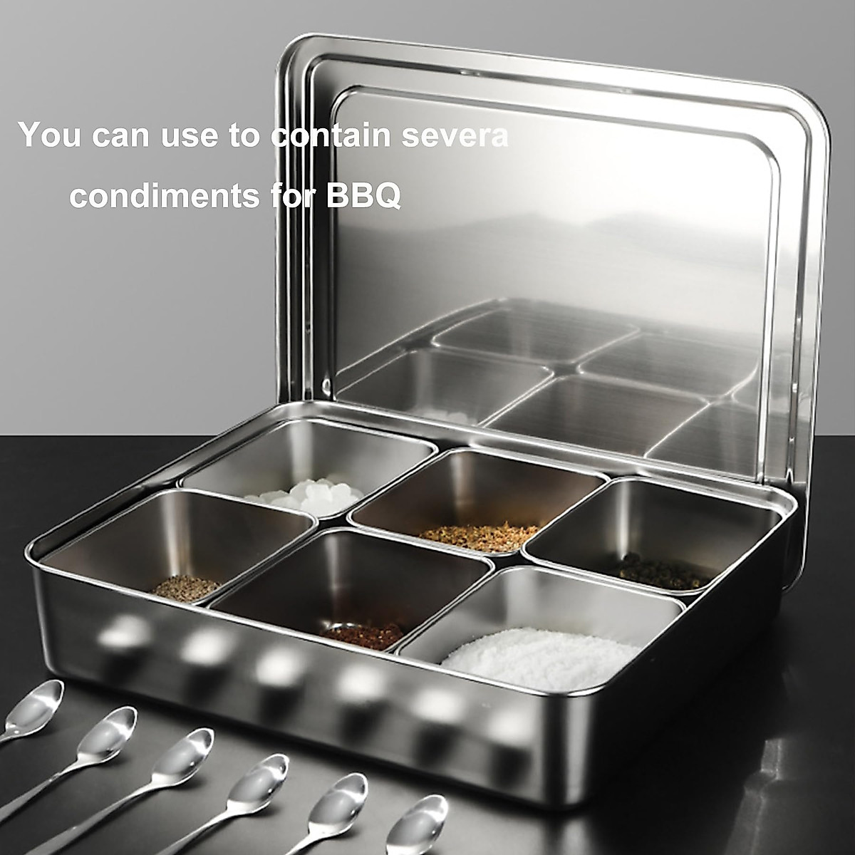 Aulin 304 Stainless Steel Divided Serving Tray with Lid - Charcuterie Snack Box Container with 6 Removable Compartments, Food Storage, Snack Platters Organizer for Candy, Chips, Nuts, Condiments