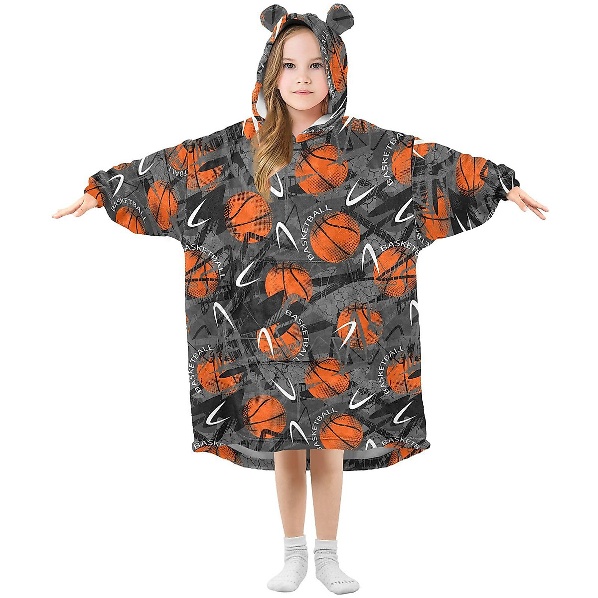 JHKKU Urban Style Basketball Sport Wearable Blankets for Kids, Super Soft Warm Cozy Oversized Blanket Hoodie, Unique Gifts Boys Girls Teens with Giant Pocket
