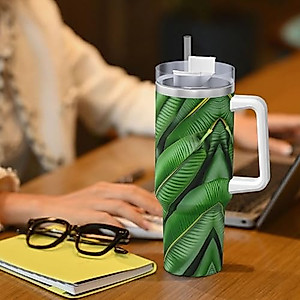 HULIBIN Banana Leaf Green Print Double Deck Stainless Steel Travel Coffee Cup With Lid 40 Oz Ice Bully Cup