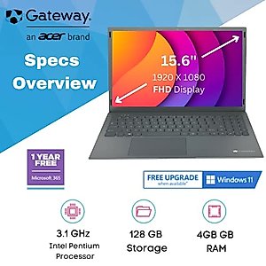 Gateway 15.6" FHD Ultra Slim Budget Notebook, Intel Pentium Processor (4-Core, up to 3.1 GHz), 4GB RAM, 128GB Storage, Precision Touchpad, HDMI, Windows 10S, Microsoft 365 1 Year, Charcoal Black
