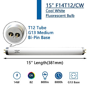 F14T12 CW 15 Inch 14 Watt T12 Cool White Fluorescent Bulb,Replacement for Philips 141507,Sylvania,SATCO S26561,T12 Linear Tube,G13 Base,4100K 3 Pack