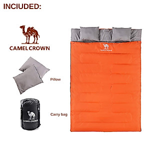 CAMEL CROWN Double Sleeping Bag - 4 Seasons Warm Cold Weather, Portable, Backpacking Hiking Camping Bag with Pillow for Camping & Adventures