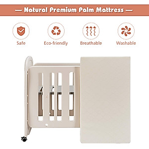 BABY JOY 3 in 1 Convertible Crib with Mattress Included, Rocking Bassinet Baby Bed with Detachable & Lockable Wheels for Easy Movement, Converts to Baby Playard, Toddler Bed (3-in-1)