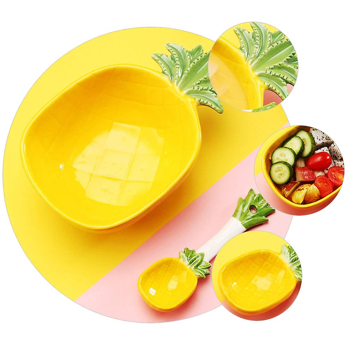 Cabilock Ceramic Appetizer Plate Pineapple Shape Bowl with Spoon Dessert Salad Pasta Bowls Food Serving Tray for Fruit Cheese Dessert Snack (300ml)