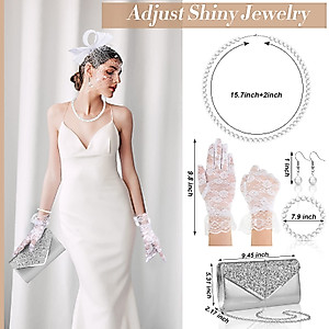 Estune 6 Pcs Tea Party Hat and Gloves Set for Women White Fascinator Hats Lace Gloves Pearl Jewelry Set Silver Clutch Purses for Evening Wedding Cocktail 1920s Costume Accessories Christmas Jewelry