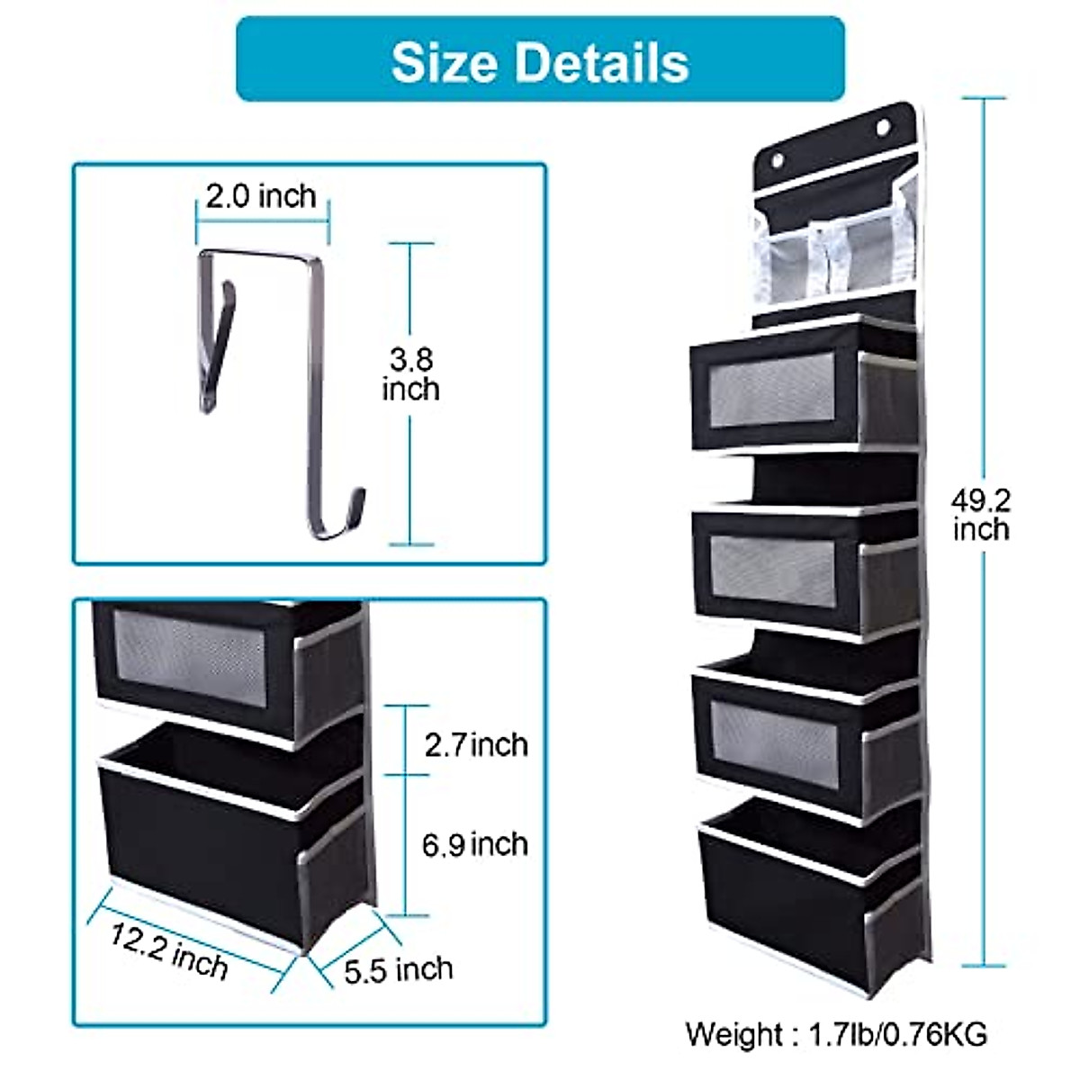 Aeeteek 1 Pack Hanging Closet Organizer 5-Shelf Over The Door Shoe Organizer Wall Mount Storage Bag Containers 49.2 * 13 * 5.5 Inches Large Capacity Collapsible Shelves Drawers (Black)