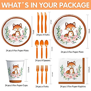 Xenorik Fox Birthday Party Supplies Tableware - Fox Baby Shower Decorations Dinnerware, Paper Plate, Cup, Napkin, Disposable Cutlery, Woodland Creatures Forest Animal Fox Party Supplies | Serve 24
